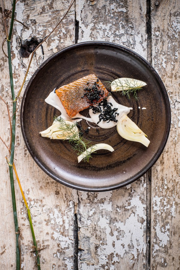 Loch Duart Salmon Oyster Emulsion, Fennel, Fried Wakame by Robin Gill