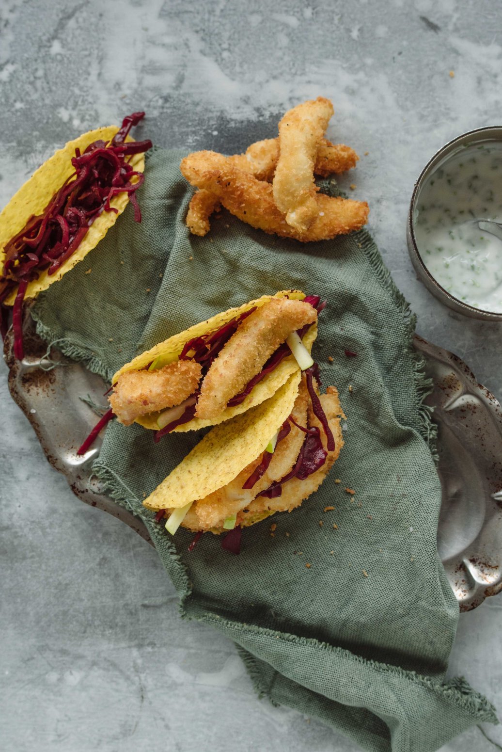 Crispy Fish Goujons and Pickled Red Cabbage Tacos by Tom Kitchin