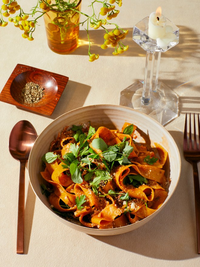 Spring lamb ragu with anchovies and pea shoots by Colu Henry