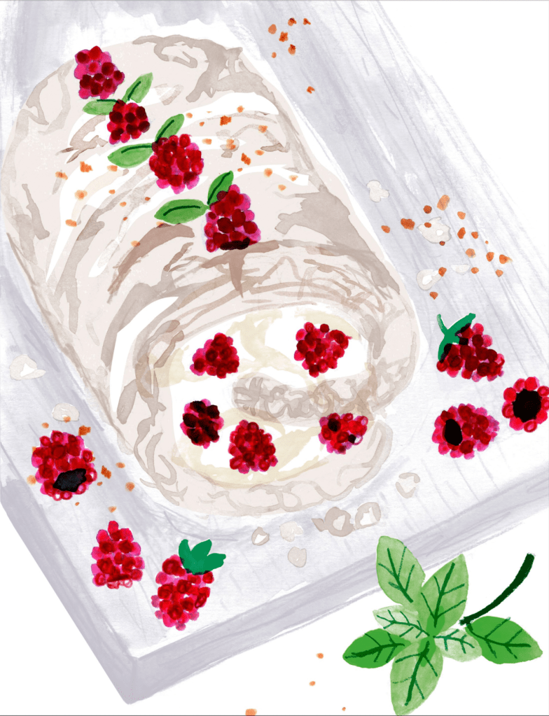 Hazelnut Roulade with Rosewater and Raspberries by Cindy-Marie Harvey